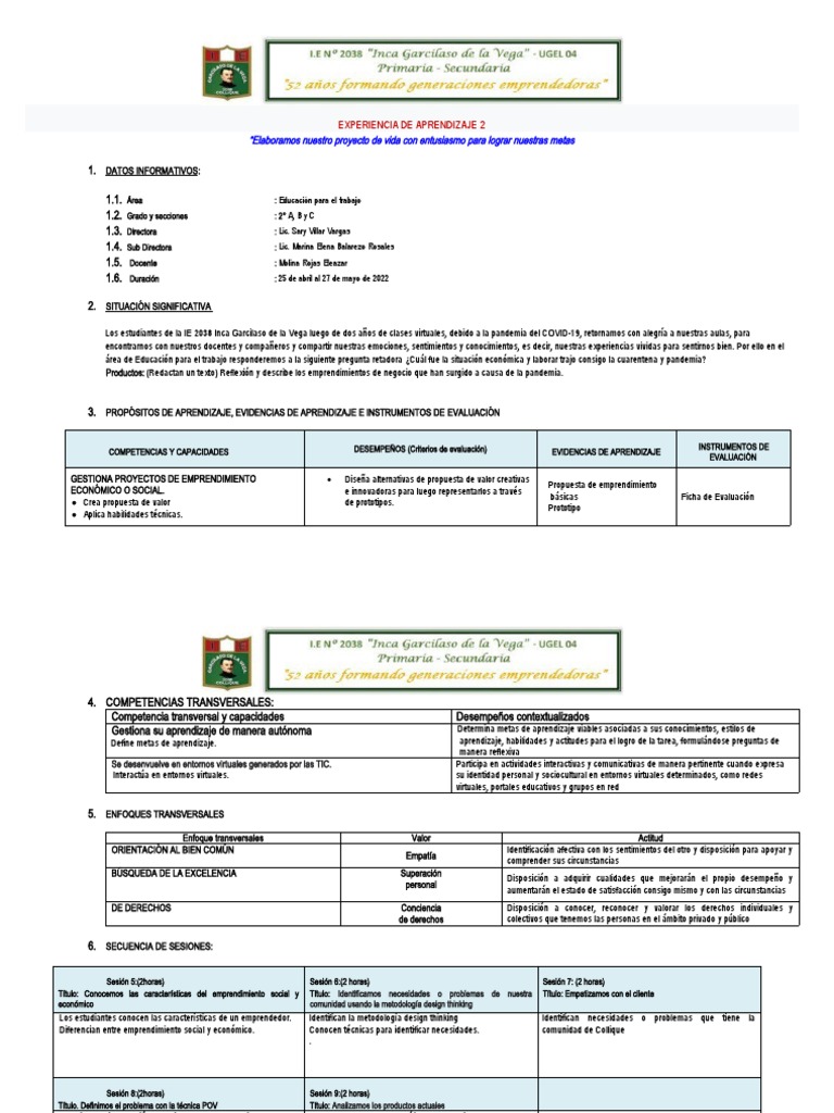 Experiencia de Aprendizaje 2 Ept 2do | PDF | Iniciativa empresarial | Aprendizaje