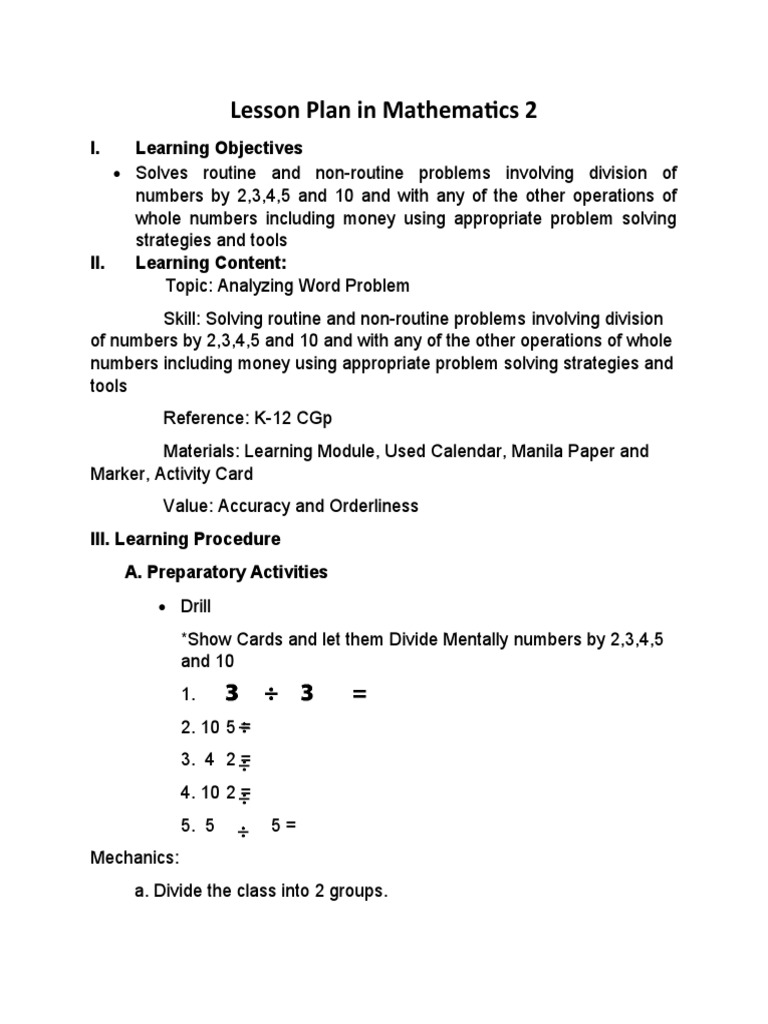 Lesson Plan in Mathematics 2 | PDF | Learning | Lesson Plan