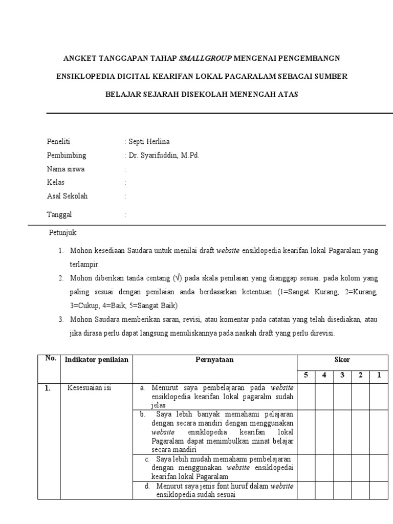Instrumen Lembar Angket Tanggapan Terhadap Produk Pada Tahap Small ...