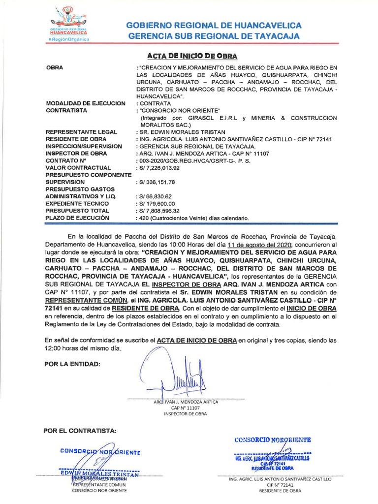 Acta de Inicio de Obra | PDF