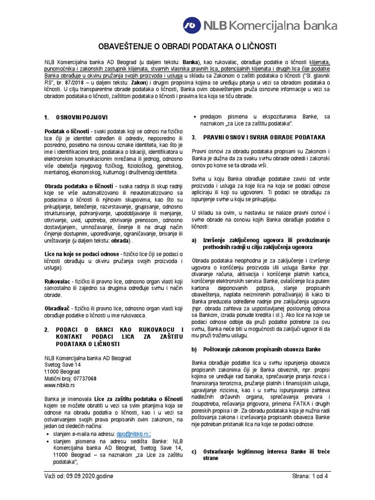 Obavestenje o Obradi Podataka o Licnosti | PDF