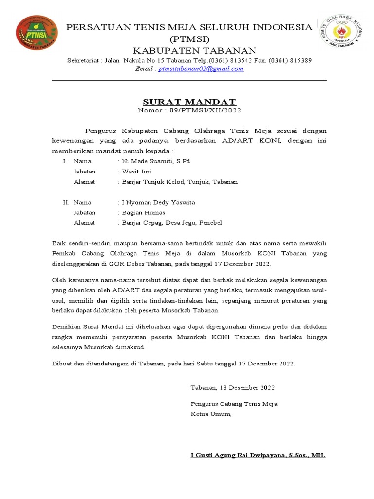 Surat Mandat KONI | PDF