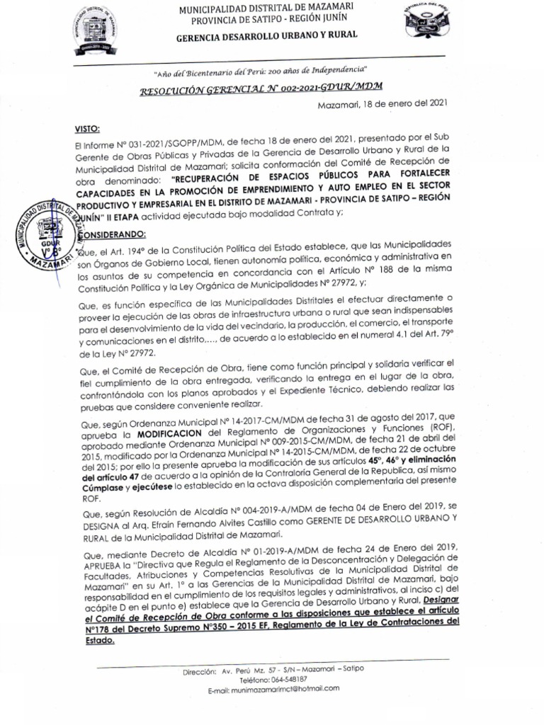 Comite Recepción de Obra | PDF