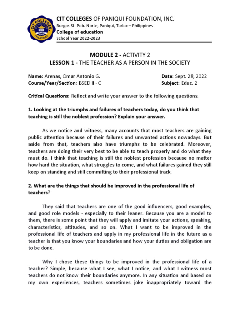 EDUC 2 (Activity 2) | PDF | Teachers | Communication