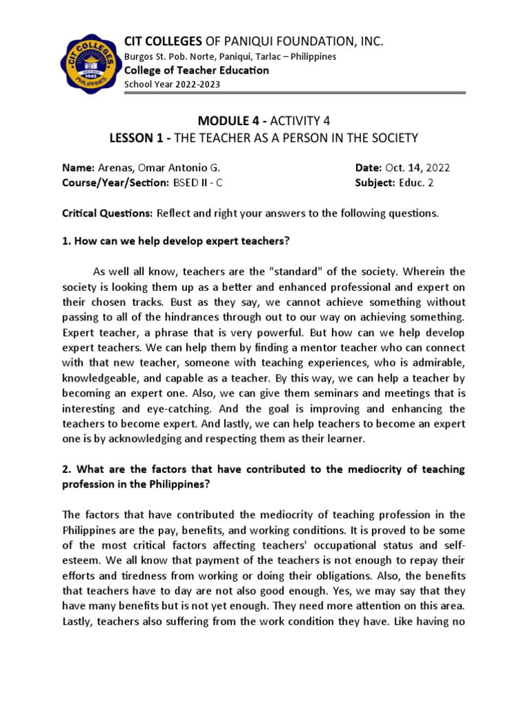 EDUC 2 (Activity 4) | PDF | Teachers | Expert