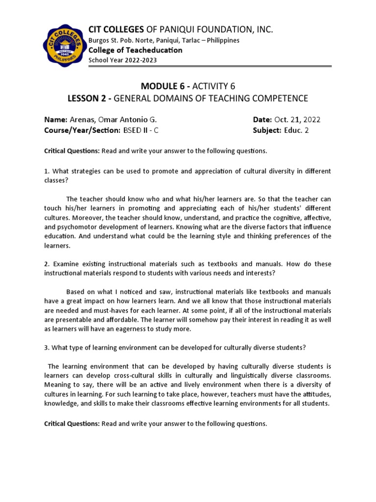 EDUC 2 (Activity 6) | PDF | Learning | Curriculum