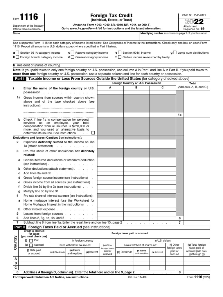 Form 1116 (2022): Foreign Tax Credit (Individual, Estate, or Trust ...