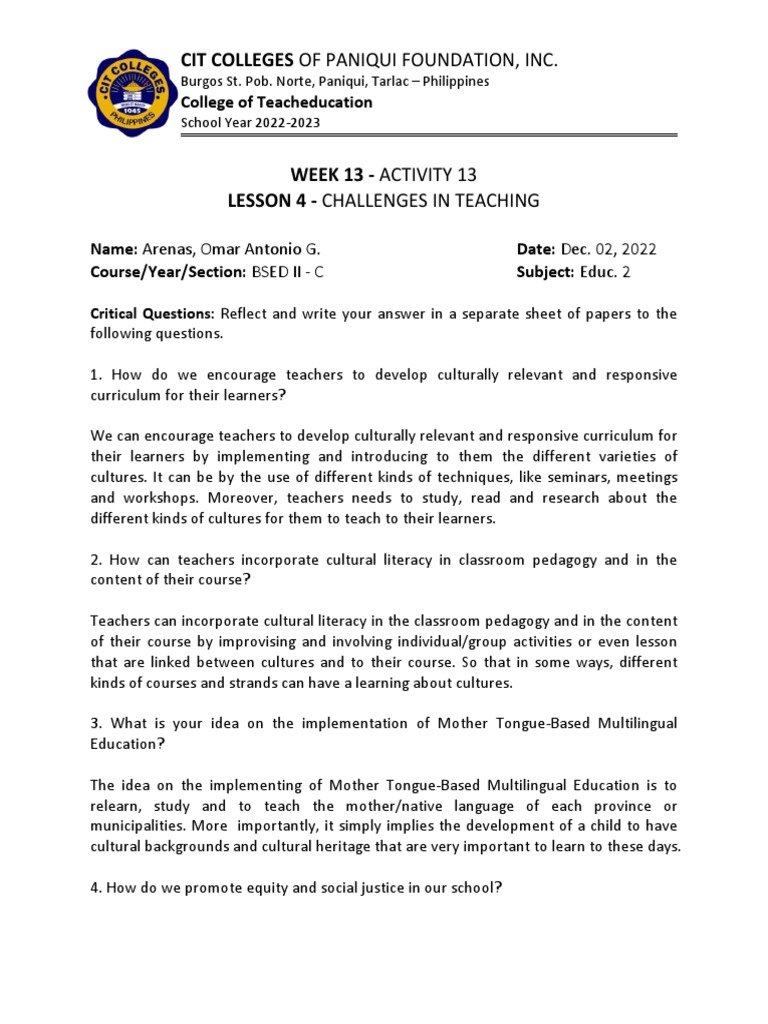 EDUC 2 (Activity 13) | PDF | Teachers | Learning