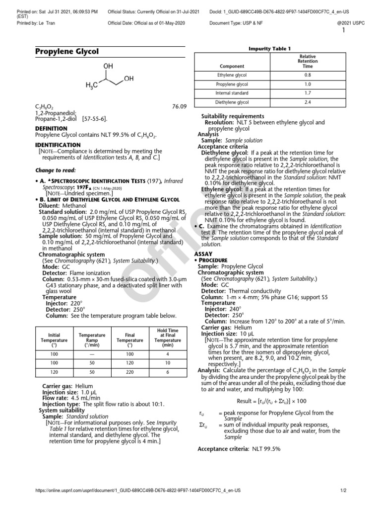 Propylene Glycol | PDF | Gas Chromatography | Chromatography