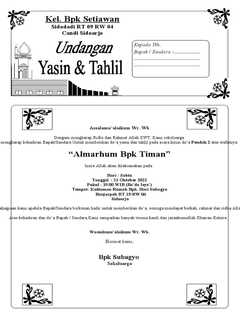 Undangan Doa Yasin dan Tahlil | PDF