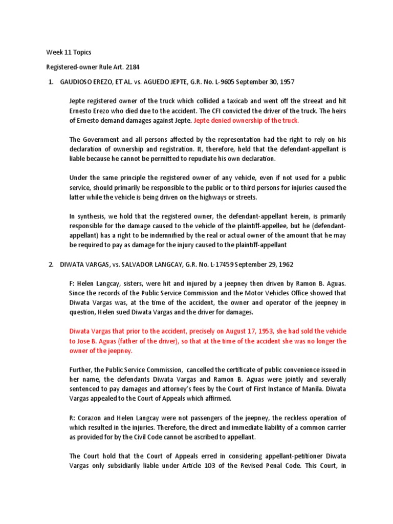 Registered Owner Rule - Torts and Damages | PDF | Legal Liability ...