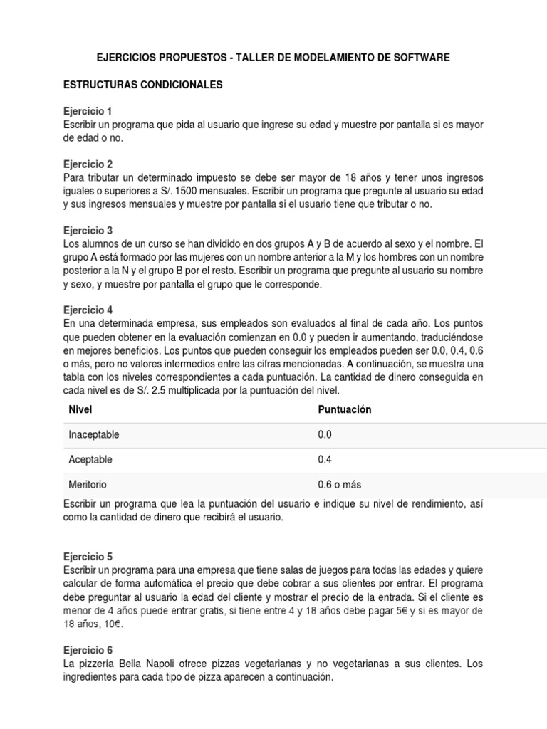 Ejercicios de estructuras condicionales para la práctica de modelado de software | PDF | Pizza ...