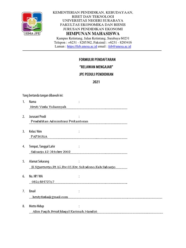 Formulir Relawan Mengajar 2021 | PDF | Kesehatan Holistik