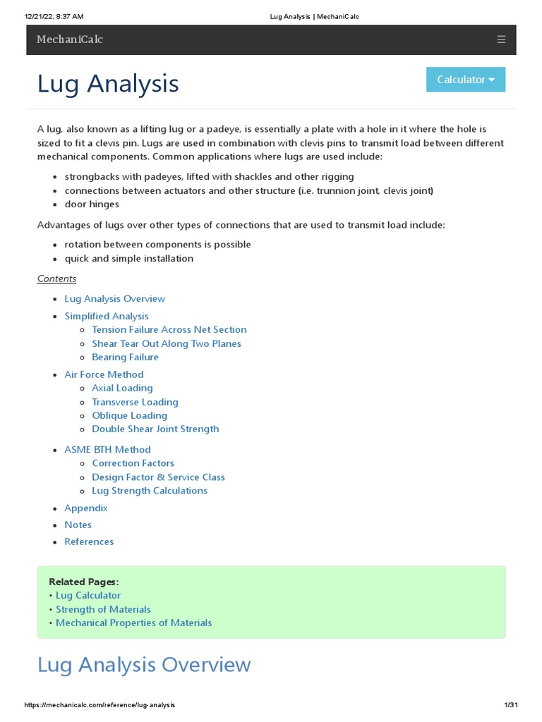 Lug Analysis - MechaniCalc | PDF | Strength Of Materials | Bending