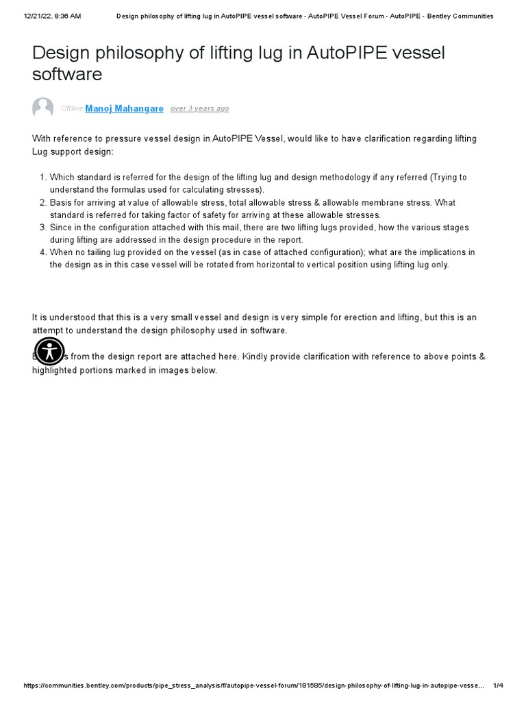 Design Philosophy of Lifting Lug in AutoPIPE Vessel Software - AutoPIPE Vessel Forum - AutoPIPE ...