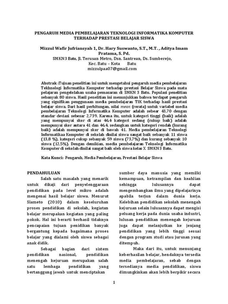 Artikel Pengaruh Media Pembelajaran Teknologi Informatika Komputer Terhadap Prestasi Belajar ...