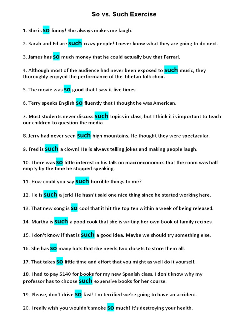 So vs. Such Usage Exercises | PDF | Poetry