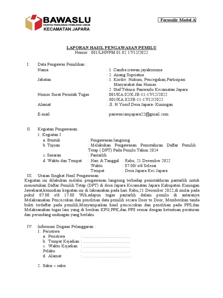Formulir Model A KECAMATAN JAPARA (LHP) | PDF