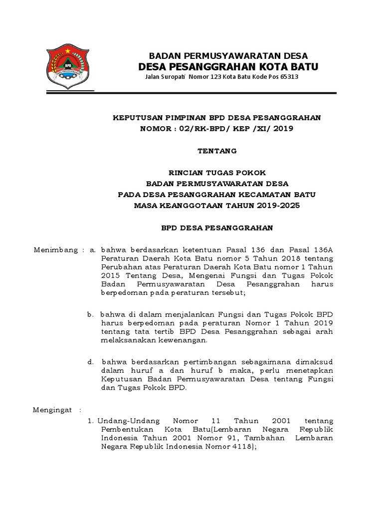 Rincian Tugas Pimpinan Dan Bidang BPD | PDF