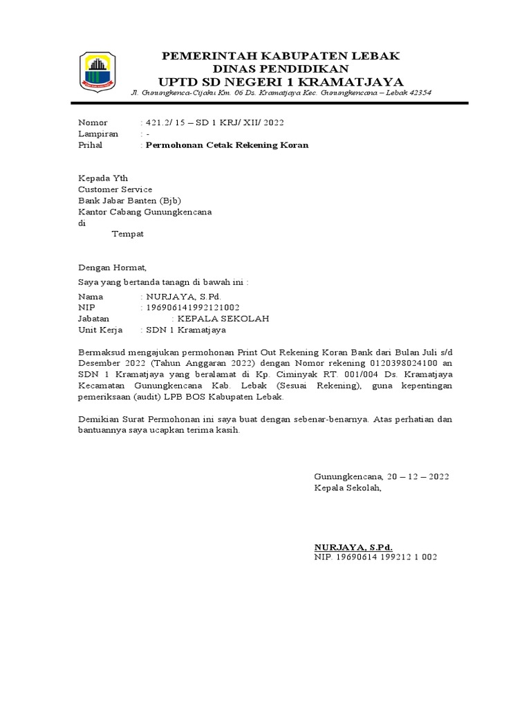 SURAT Permohonan Pencetakanrekening Koran BJB | PDF