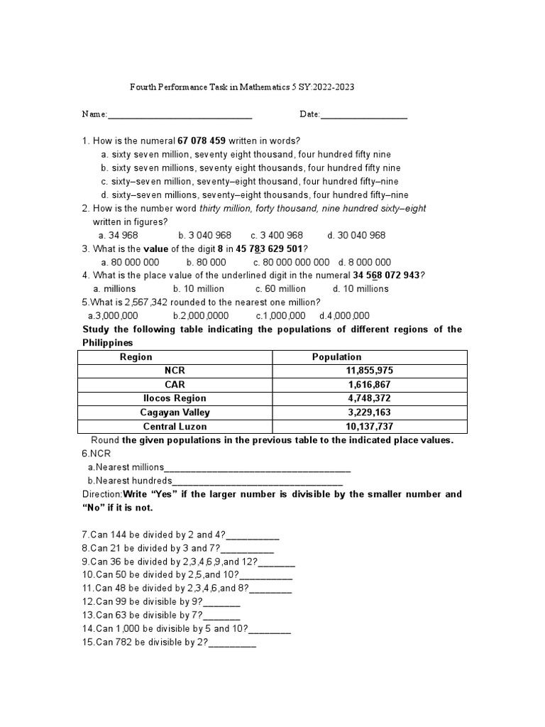 FOURTH Performance Task in Math5 | PDF | Linguistics | Systems Science