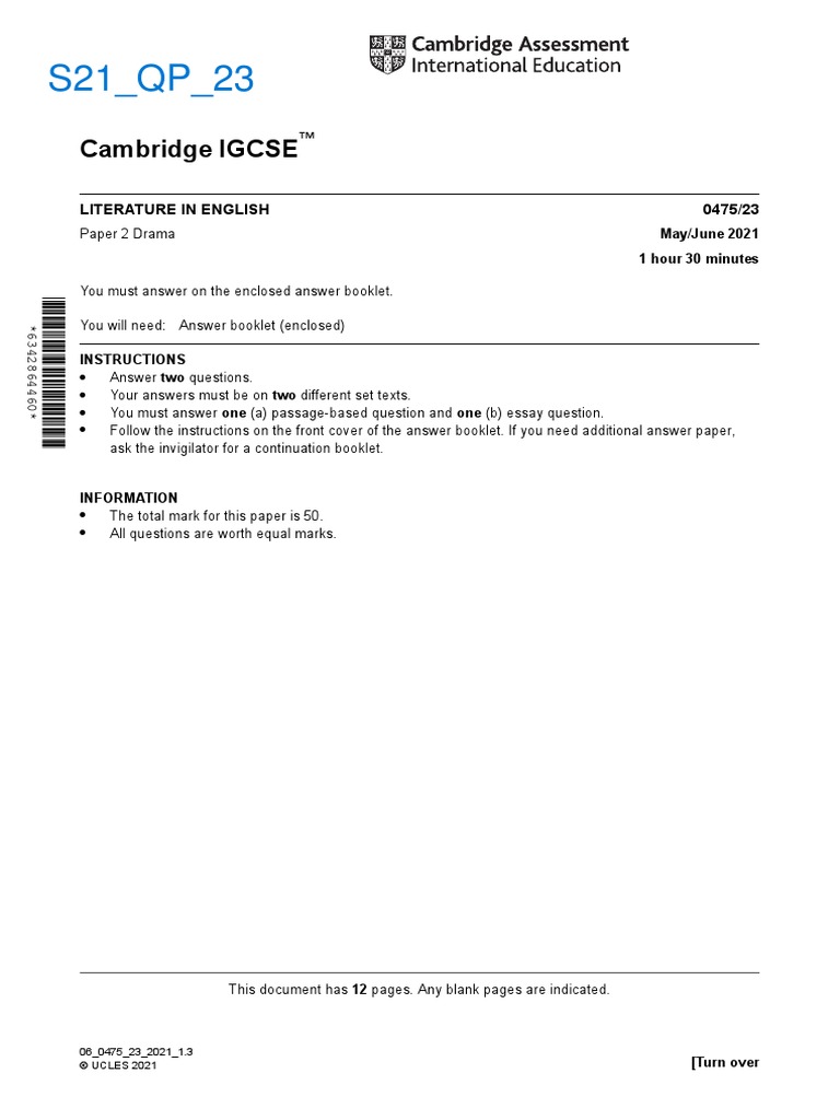 Cambridge IGCSE: 0475/23 Literature in English | PDF
