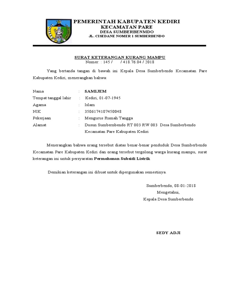 Surat Keterangan Miskin Subsidi Listrik | PDF