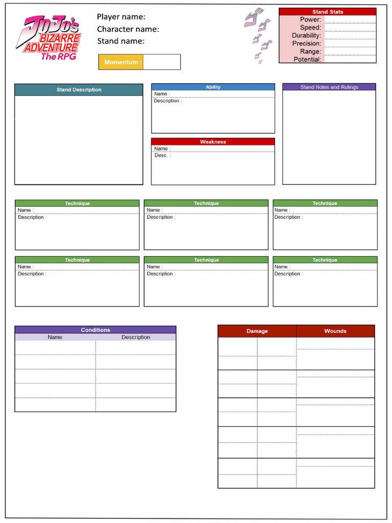 JoJo RPG Character Sheet Fillable | PDF