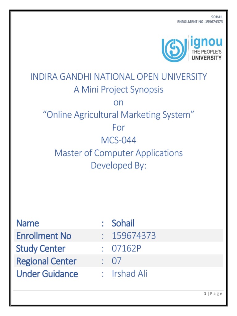 IGNOU Mini Project Synopsis On "Online Agricultural Marketing System" MCS-044 | PDF ...