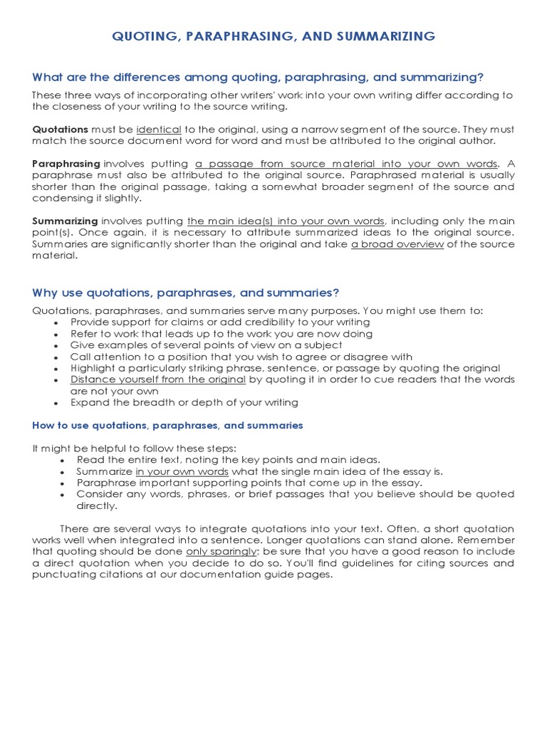 Quoting, Paraphrasing, Summarizing Guide | PDF | Plagiarism | Communication