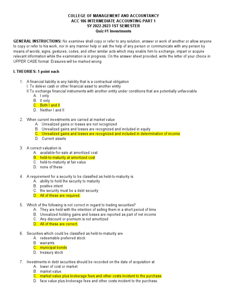 Investments Quiz Answer Key | PDF | Stocks | Securities (Finance)