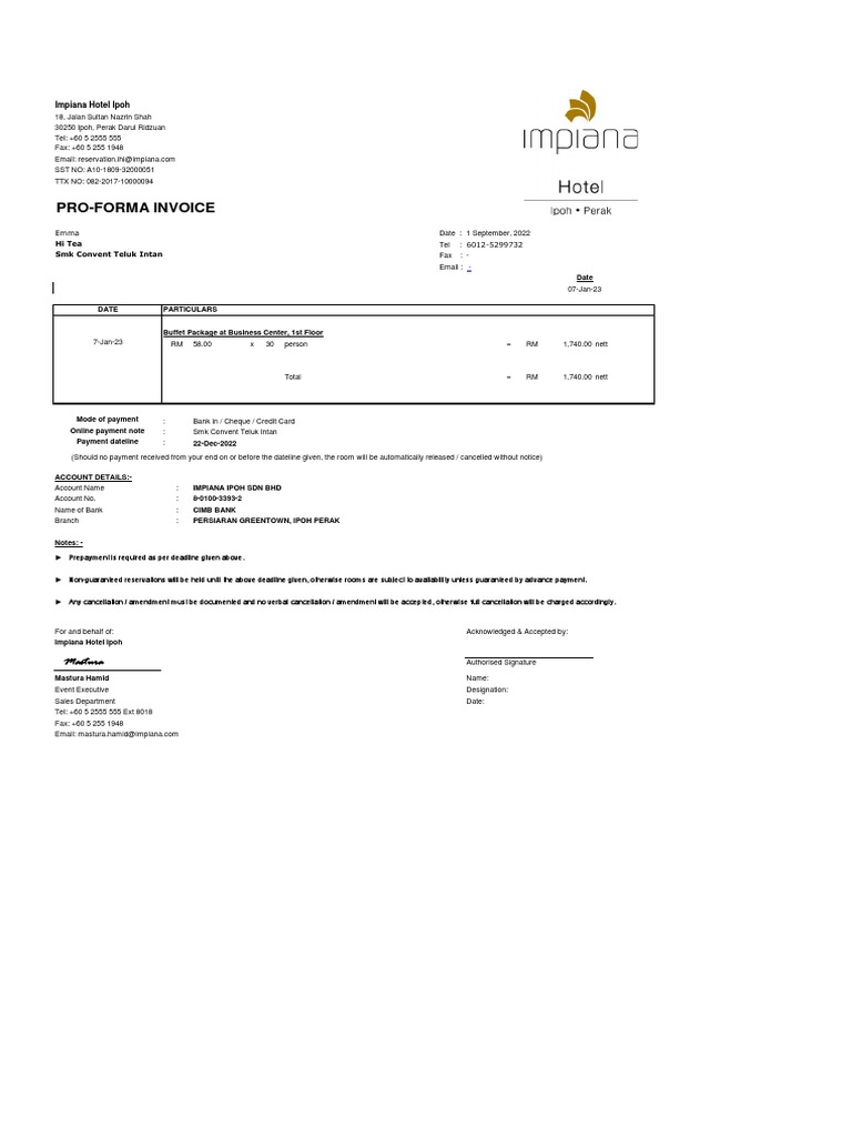 SMK Convent Teluk Intan 7 Jan 2023 - Proforma Invoice - Buffet | PDF | Indemnity | Payments