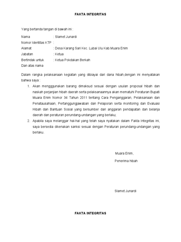 FAKTA INTEGRITAS HIBAH Lubai Dan Lubai Ulu | PDF