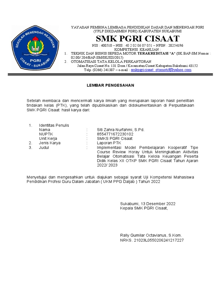 Lembar Pengesahan Dan Surat Keterangan Publikasi PTK | PDF