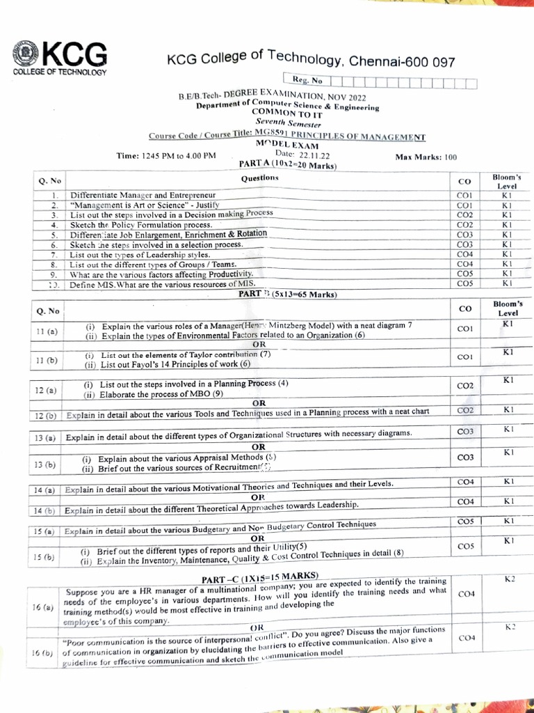 Pom Question Paper Final Yr | PDF | Leadership | Business