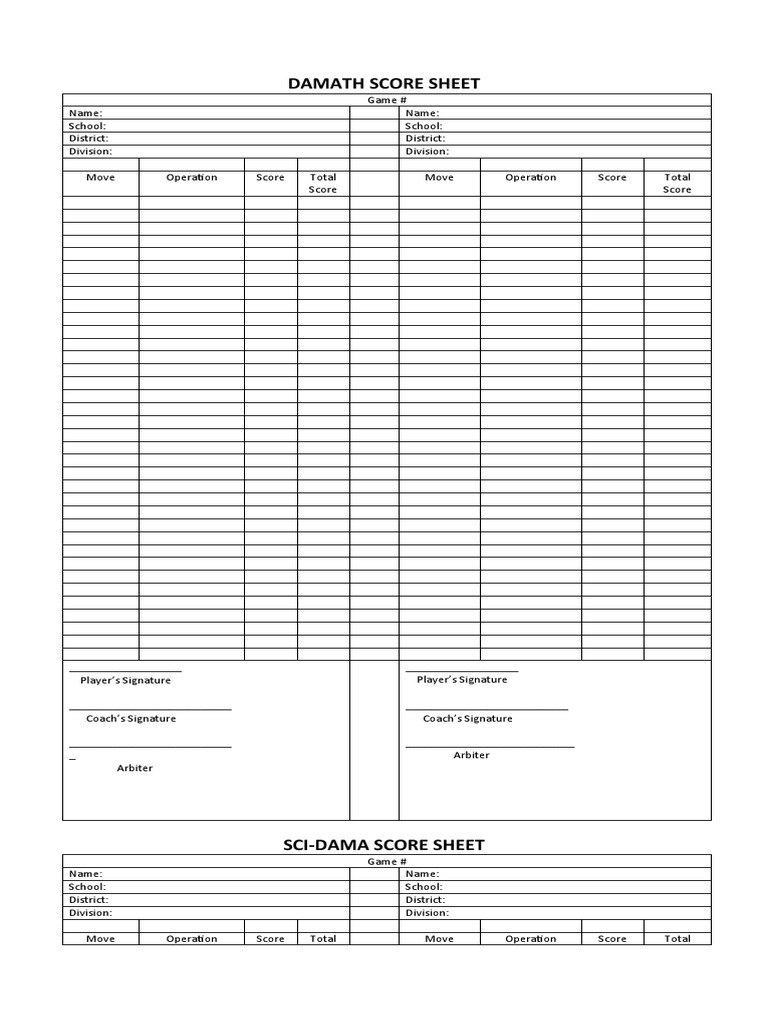 DAMATH Score Sheet Template | PDF | Games & Activities