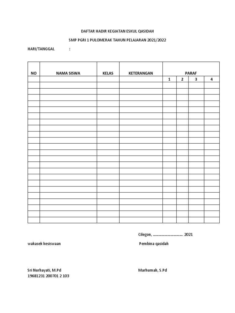 Daftar Hadir Kegiatan Eskul | PDF
