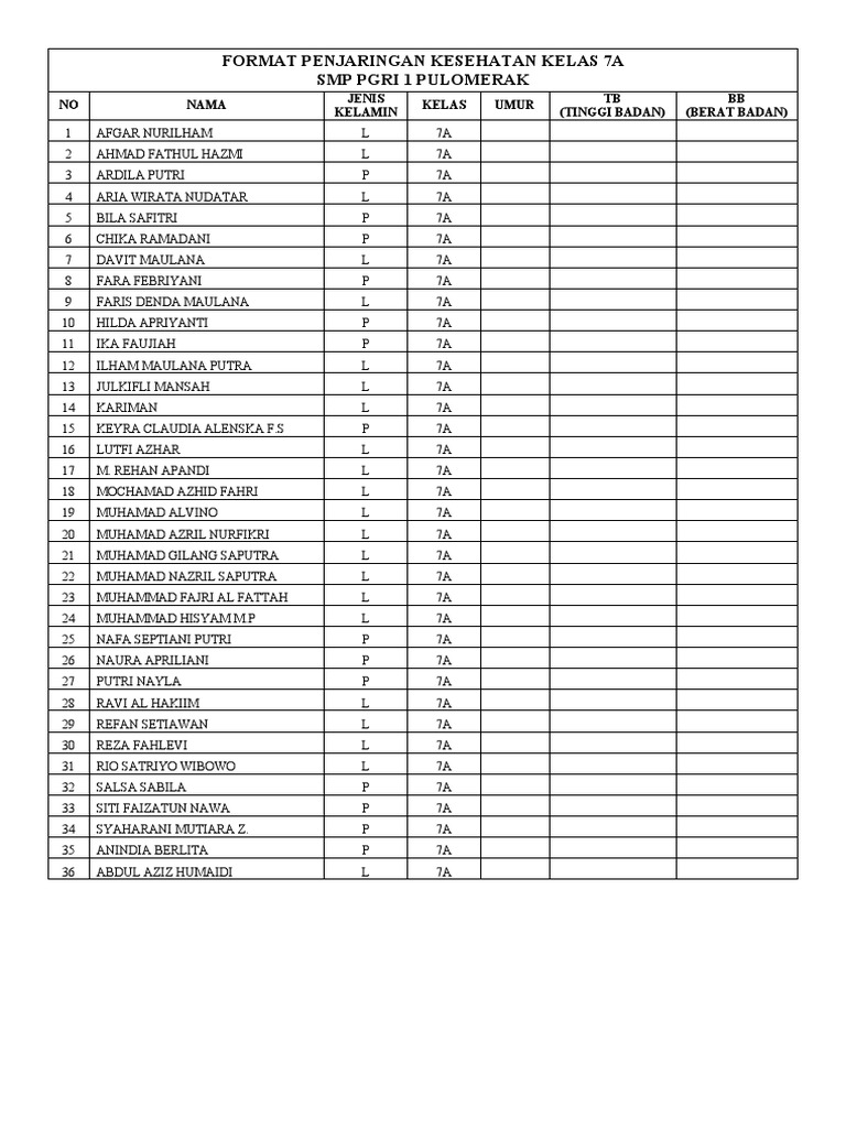 Format Penjaringan Kesehatan Kelas 789 | PDF