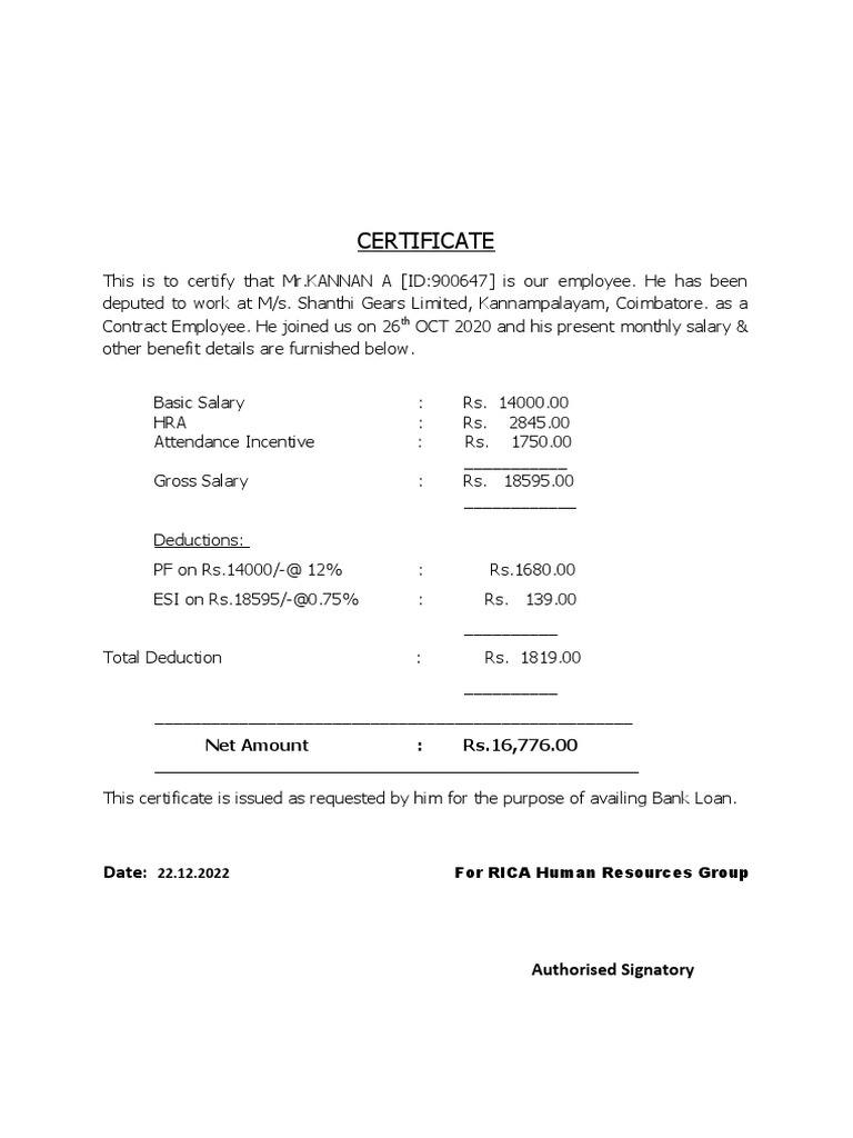 Salary Certificate SGL | PDF