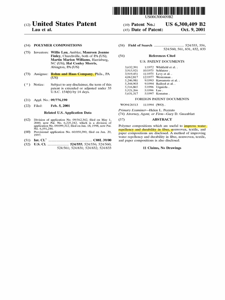 Rohm and Haas US6300409 | Download Free PDF | Polymerization | Polymers