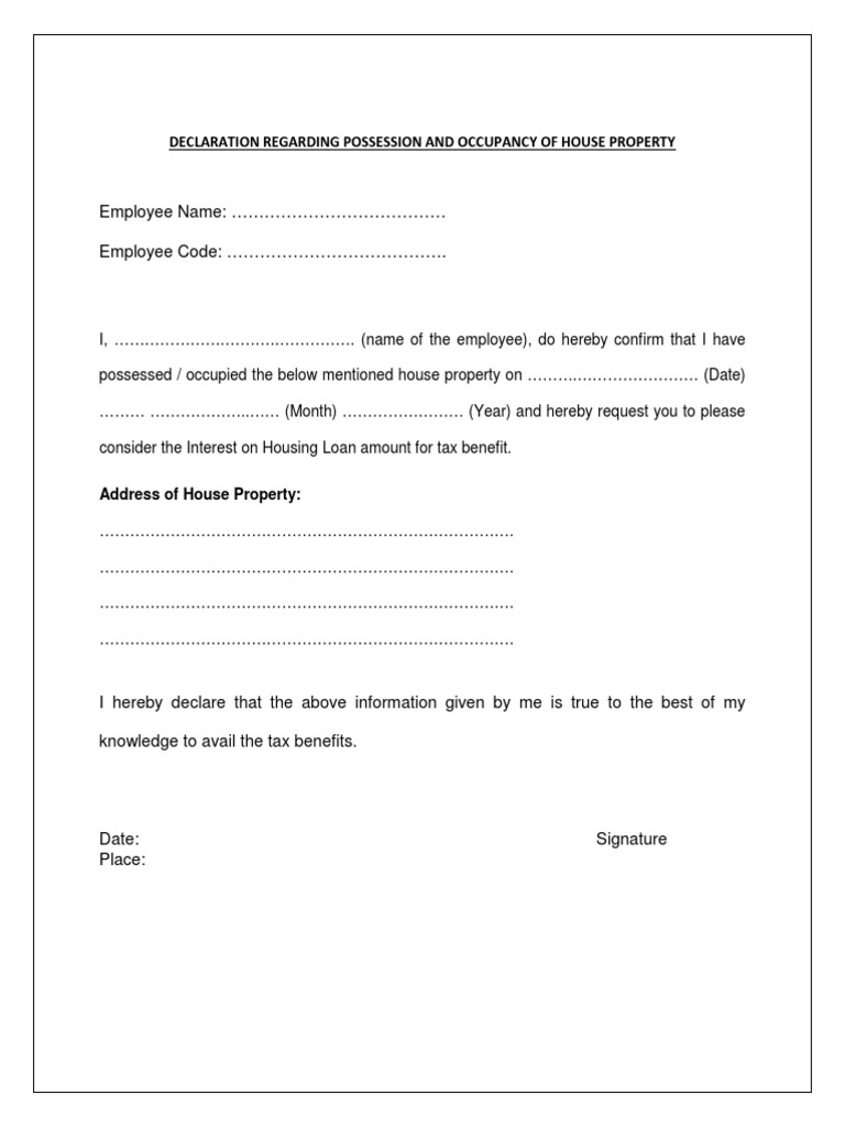 Declaration Regarding Possession and Occupancy of House Property | PDF