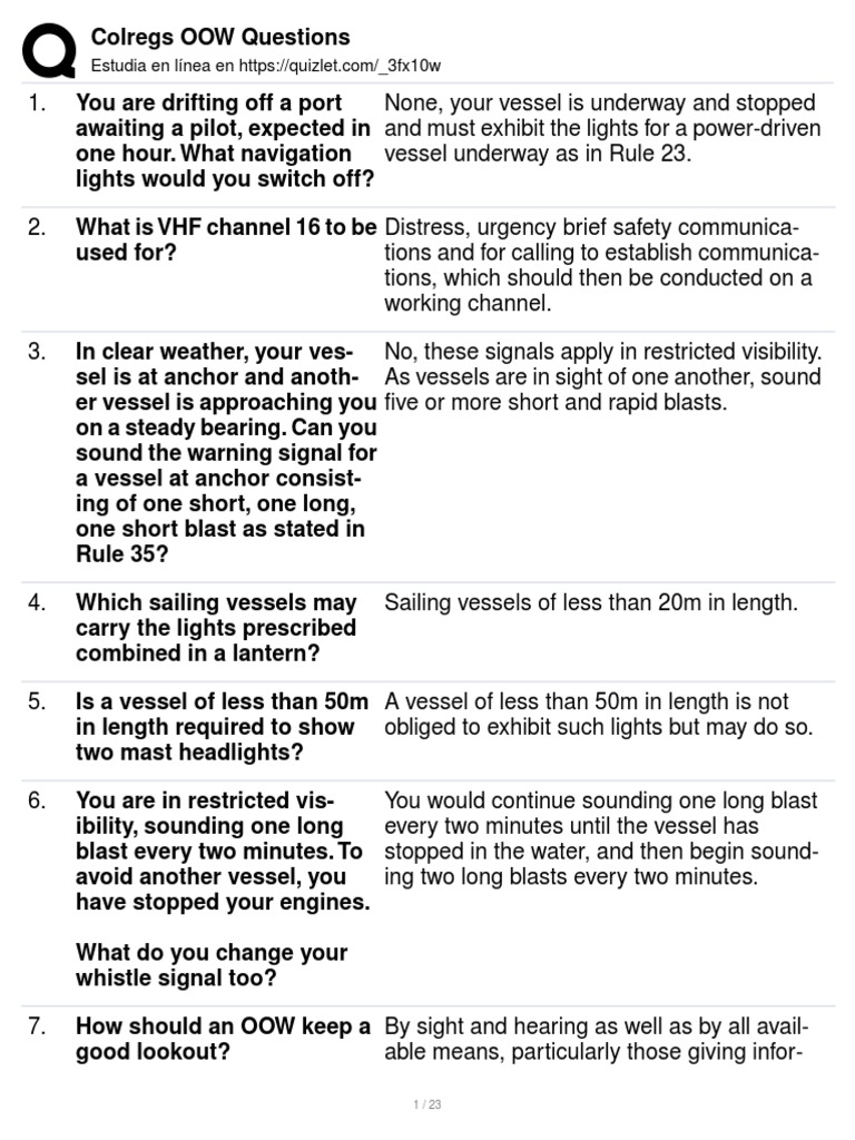 Colreg Questions | PDF | Water Transport | Shipping