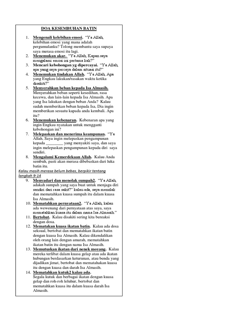 DOA KESEMBUHAN BATIN Bookmark Bahasa Indonesia | PDF