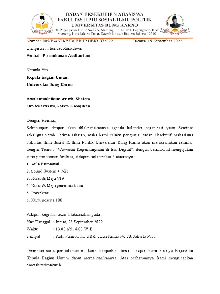 Surat Peminjaman Auditorium | PDF