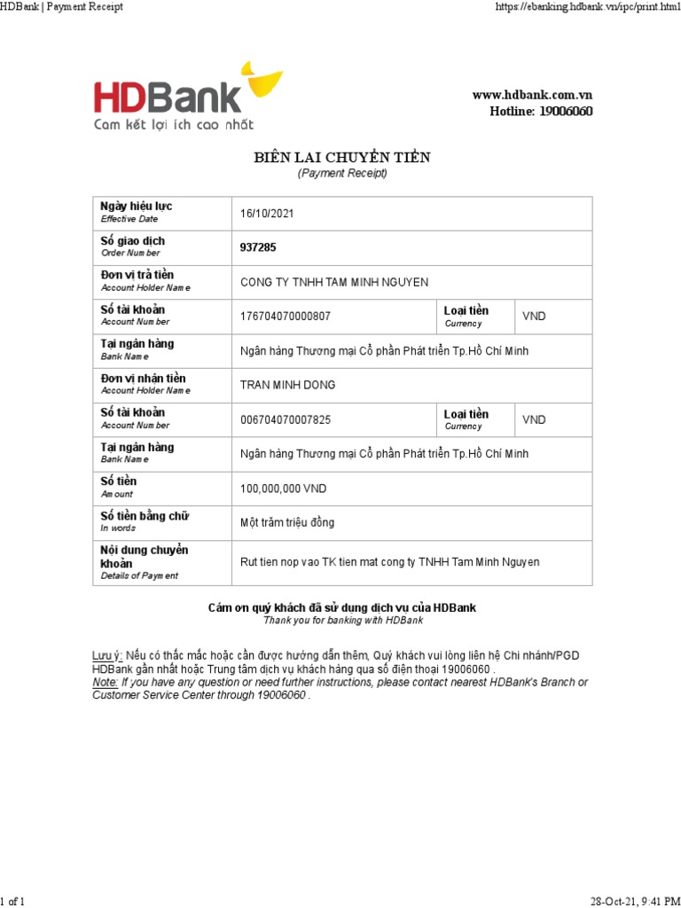 HDBank Payment Receipt | PDF