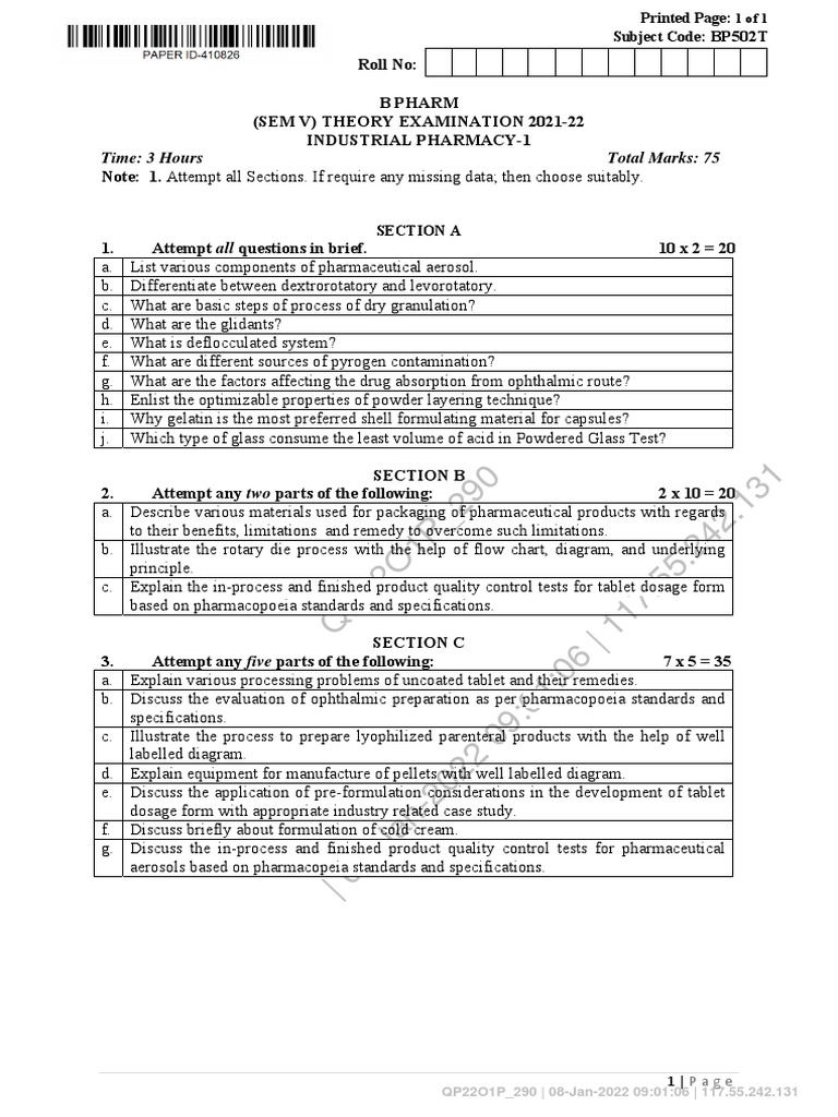 bpharm-5-sem-industrial-pharmacy-1-bp502t-2022 | PDF | Tablet (Pharmacy ...