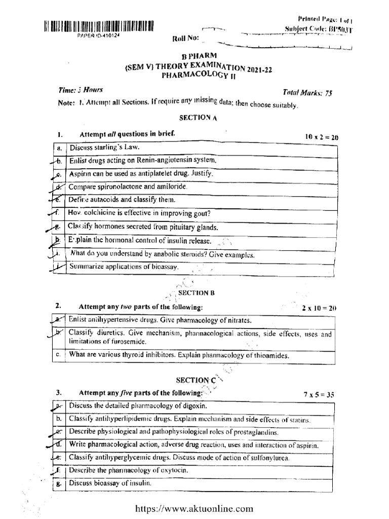 Bpharm 5 Sem Pharmacology 2 Bp503t 2022 | PDF