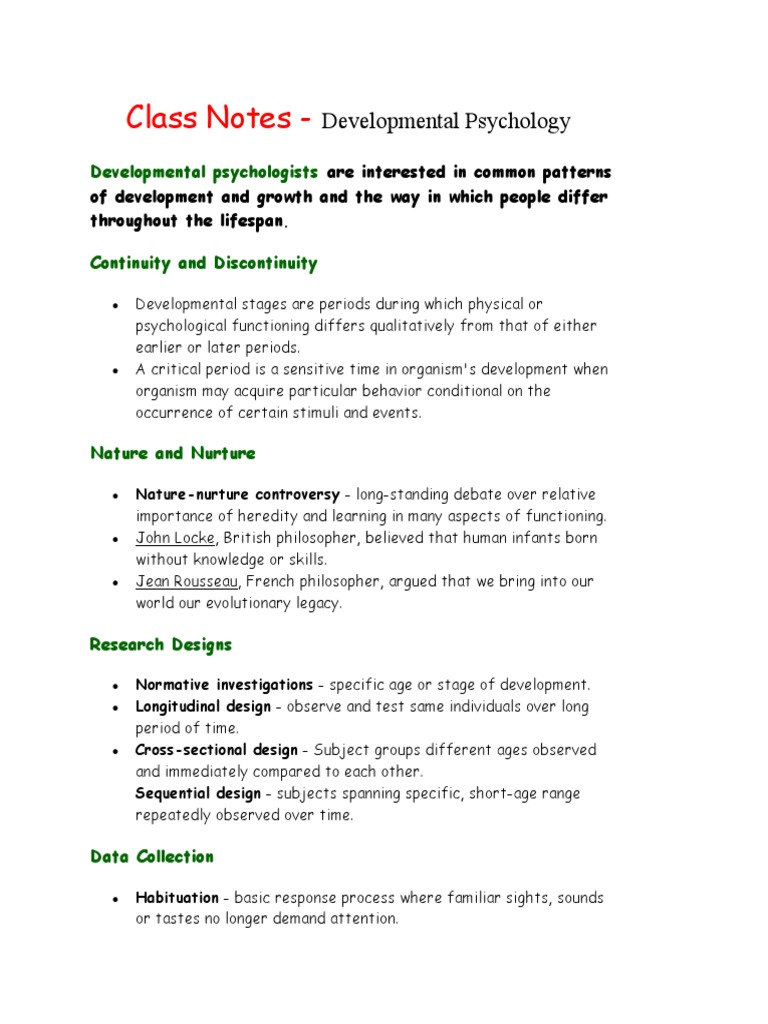Developmental Psychology Class Notes | PDF | Adolescence | Prenatal ...