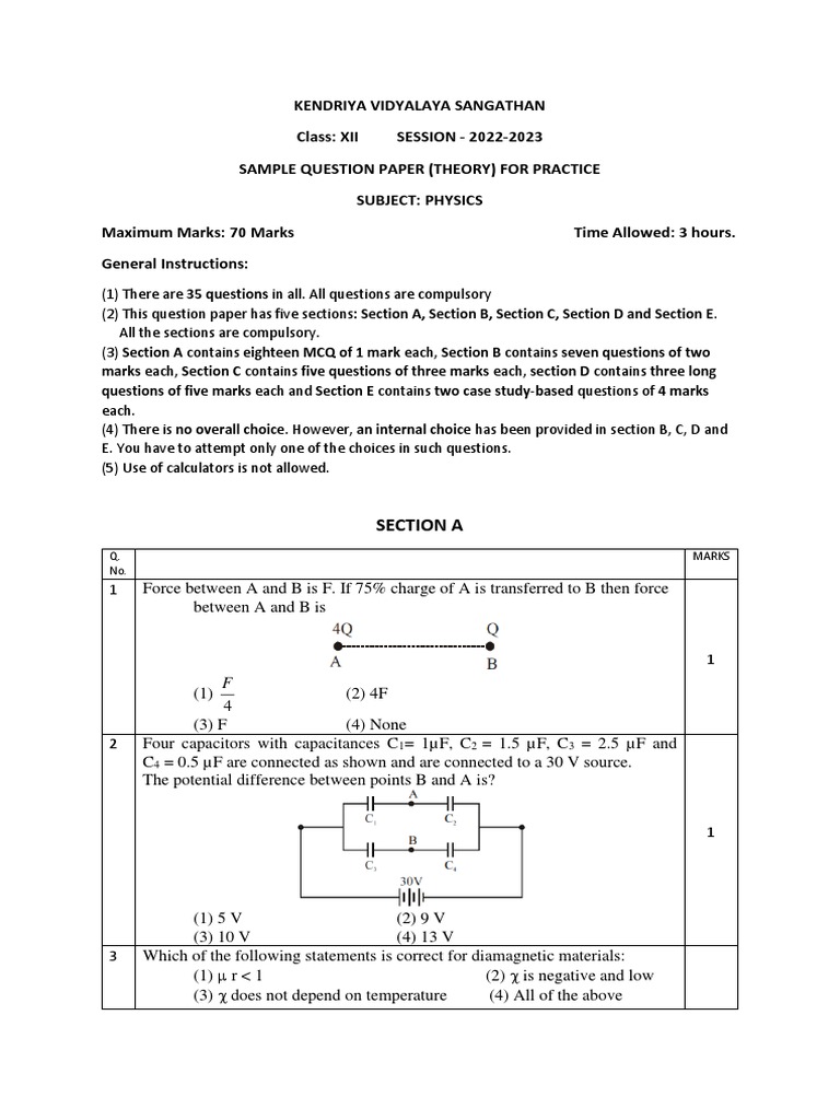 Class Xii Sample Question Paper-1 Phyiscs 2022-23 | PDF | Optical Fiber ...