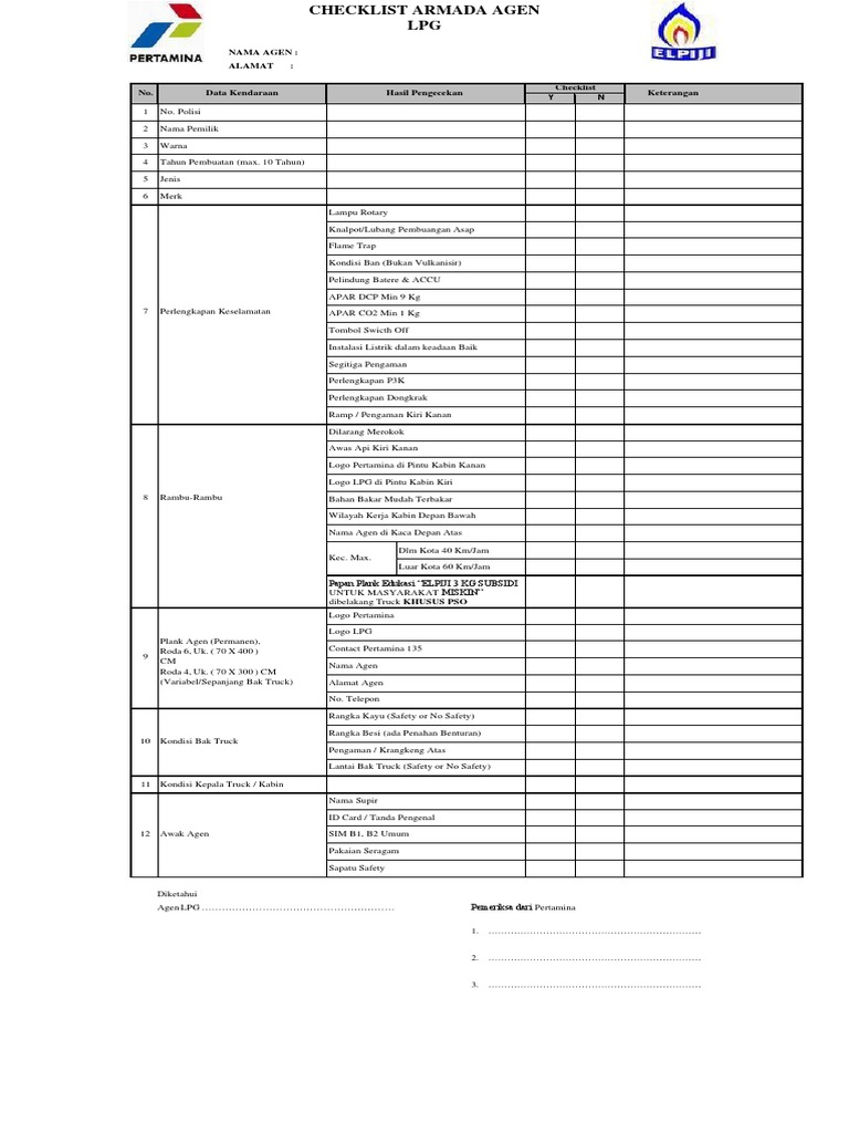 Checklist Truck Agen LPG 9 (Mobil Baru Agen) | PDF